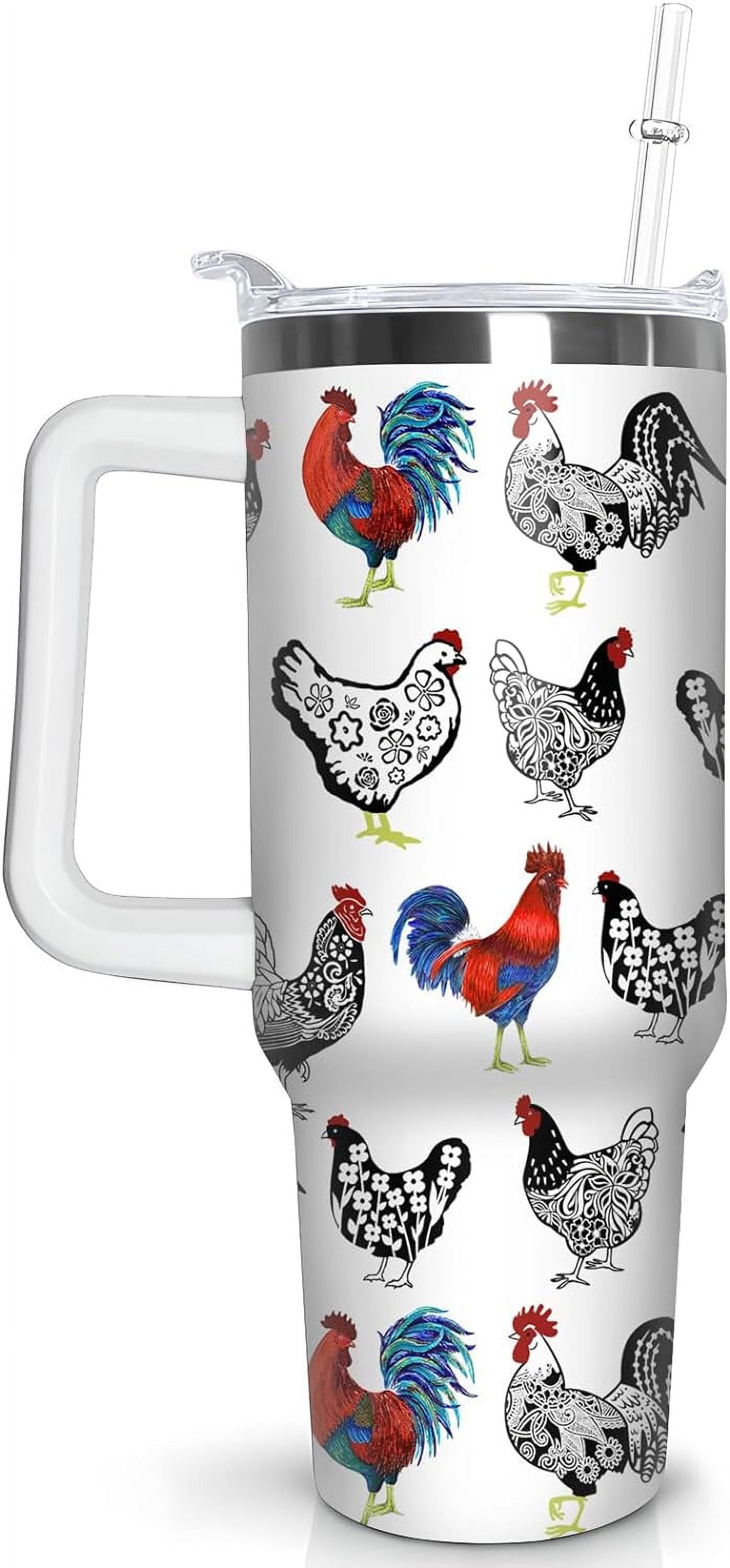40 oz Chicken Tumbler with Handle and Straw, Boho Rooster Stainless ...