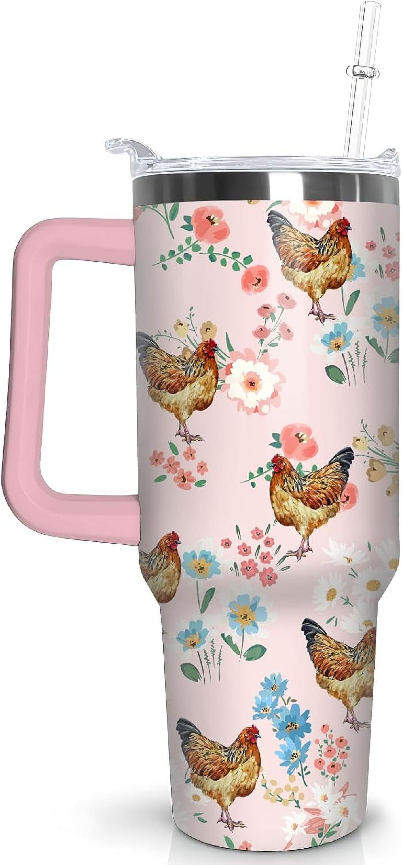 40 oz Chicken Tumbler with Handle and Straw, Pink Floral Rooster ...