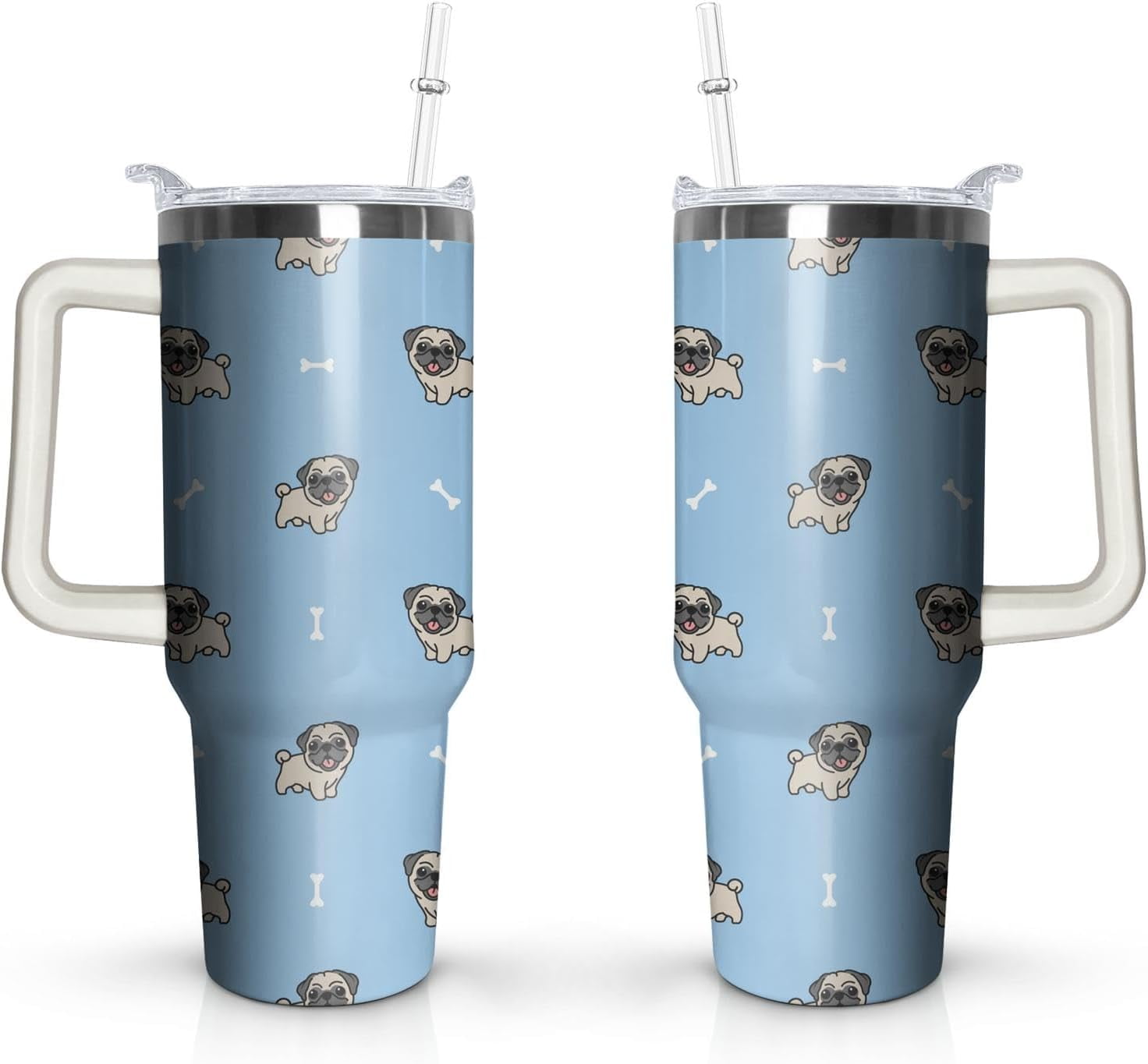 40 oz Cute Pug Tumbler with Handl Straw, Stainless Steel Insulated Cup ...