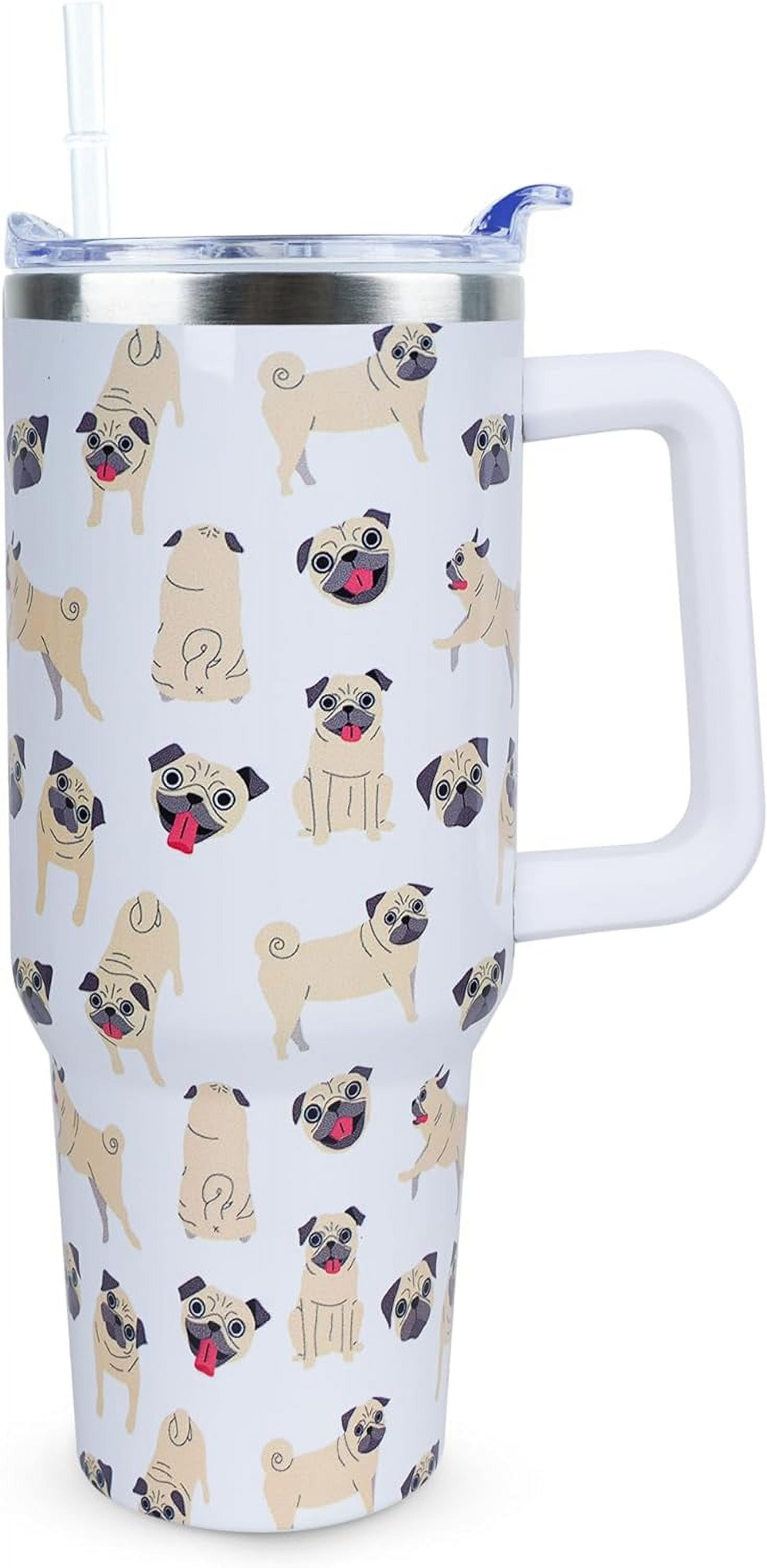 40 oz Cute Pug Tumbler with Handle and Straw, Stainless Steel Insulated ...