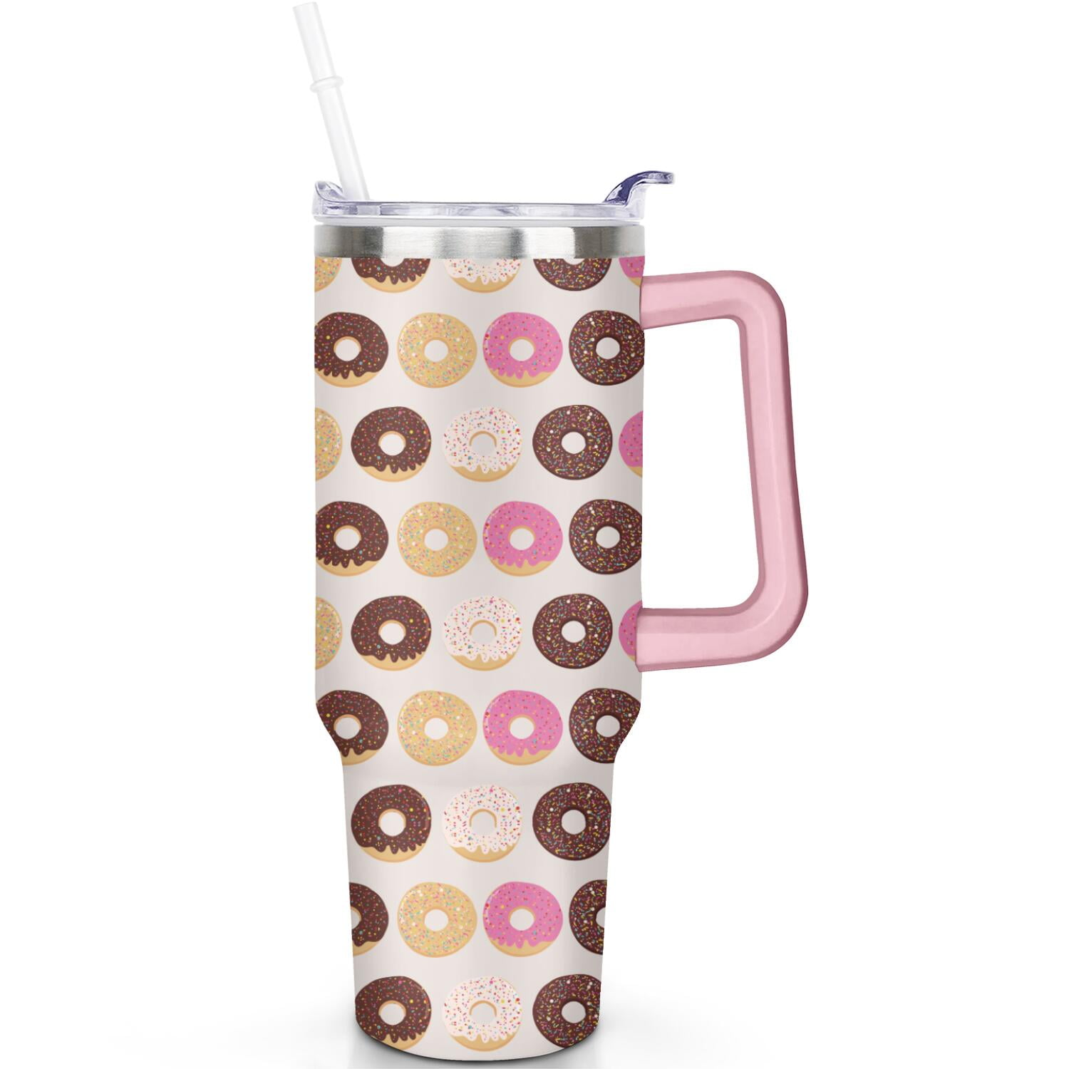 40 oz Donuts Tumbler with Flip Straw Lid Handle Stainless Steel Vacuum ...