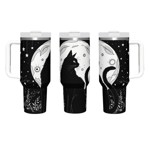 40 oz Insulated Tumbler with Handle & Straw, Black White Cat Moon Star ...