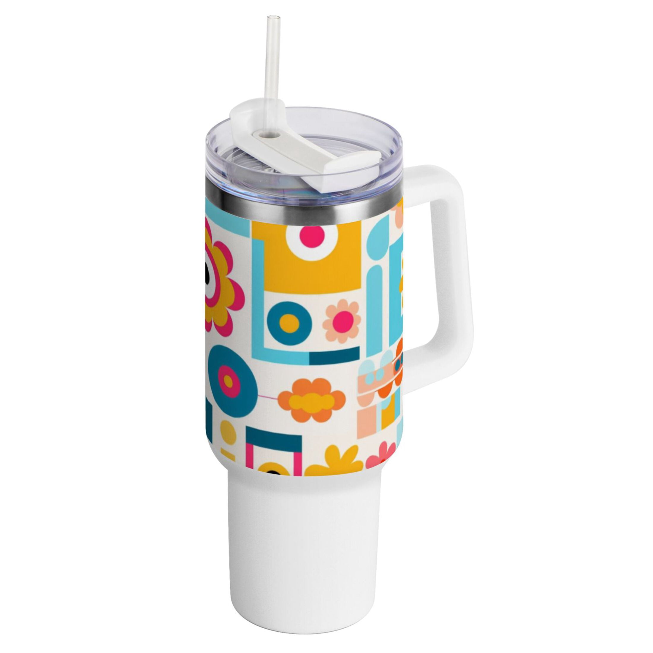 40 oz Insulated Tumbler with Handle and Straw Lid Flower Line Symbol ...