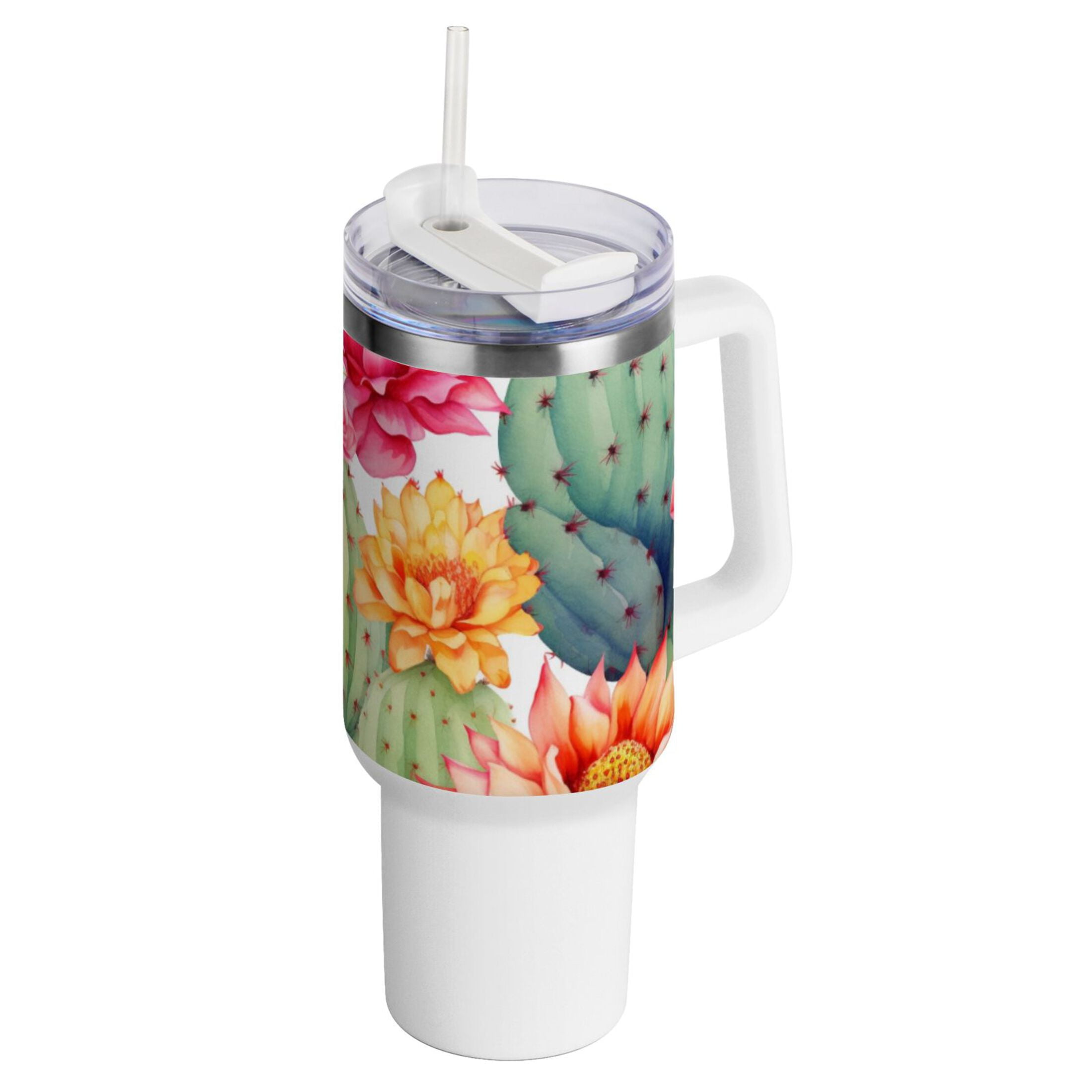 40 oz Insulated Tumbler with Handle and Straw Lid Watercolor Cactus and ...