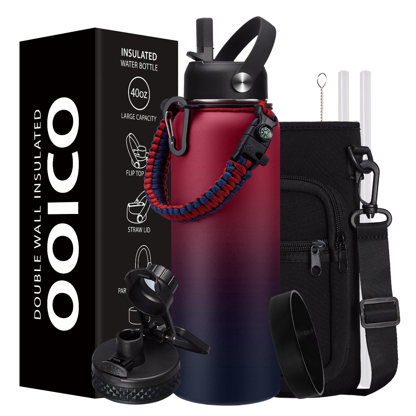 OOICO 40 oz Insulated Stainless Steel Water Bottle with Straw and Auto ...