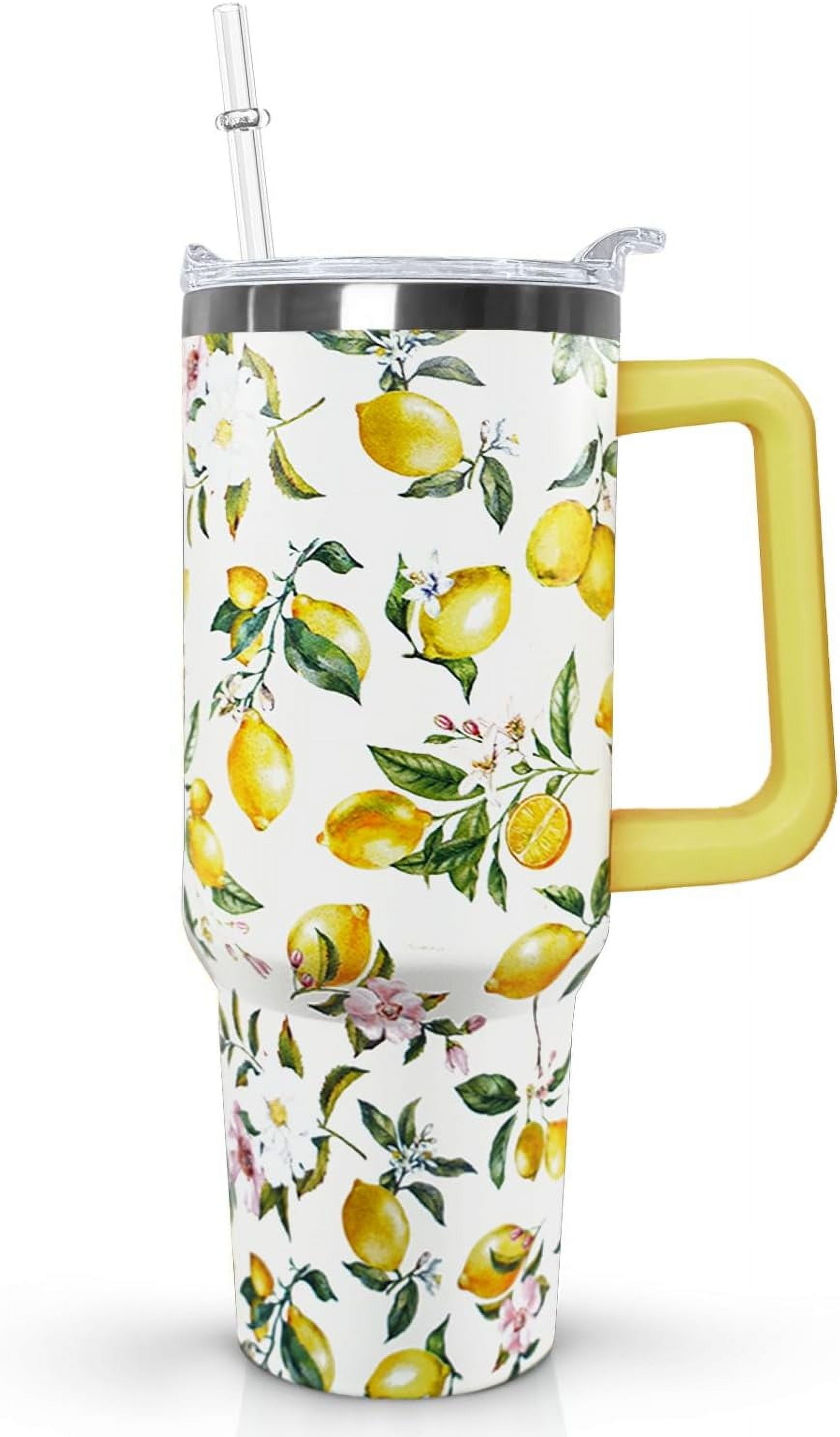 40 oz Lemon Print Stainless Steel Tumbler With Lid and Straw - Yellow ...
