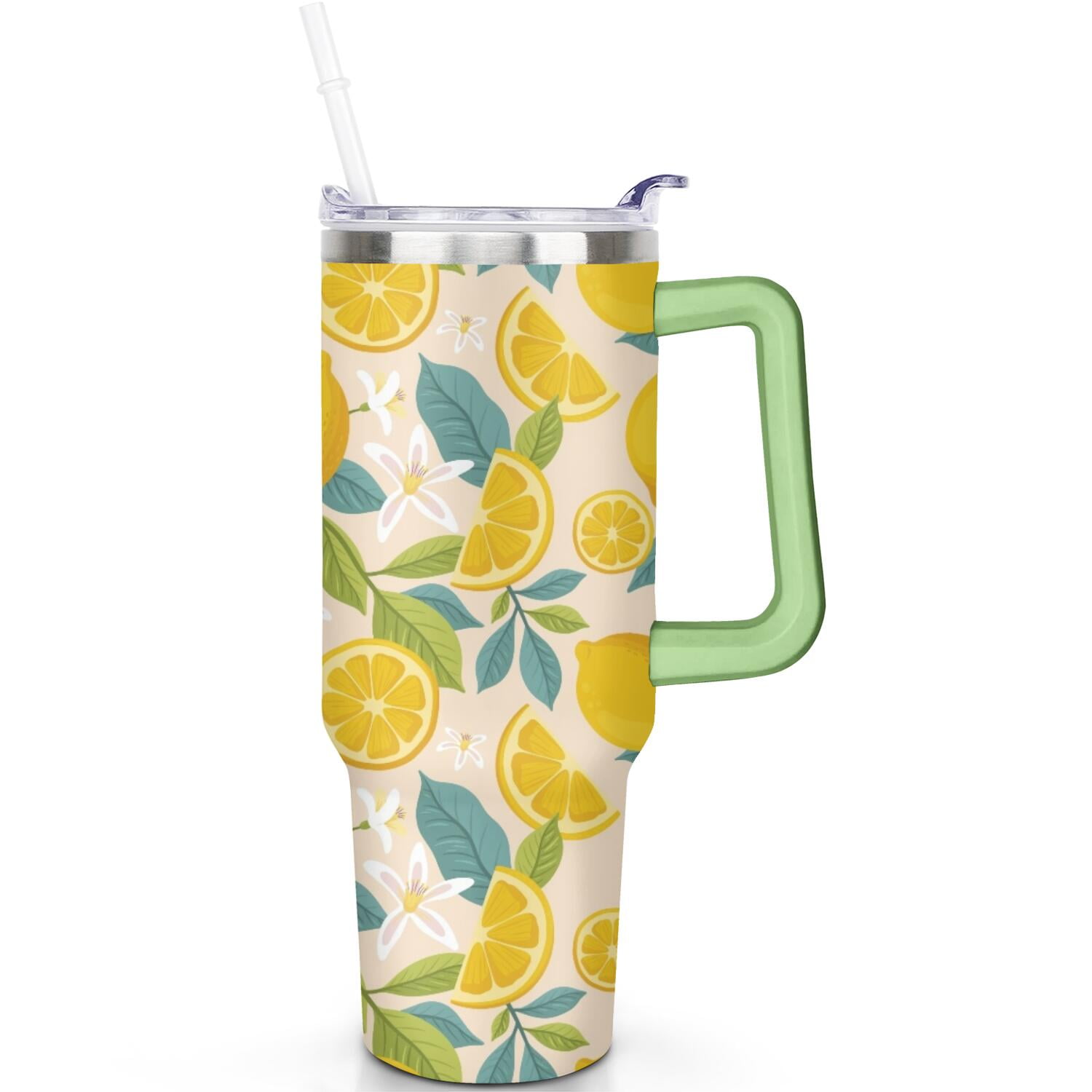 40 oz Lemon Theme Tumbler with Handle Spill Proof Lid & Straw 40oz ...