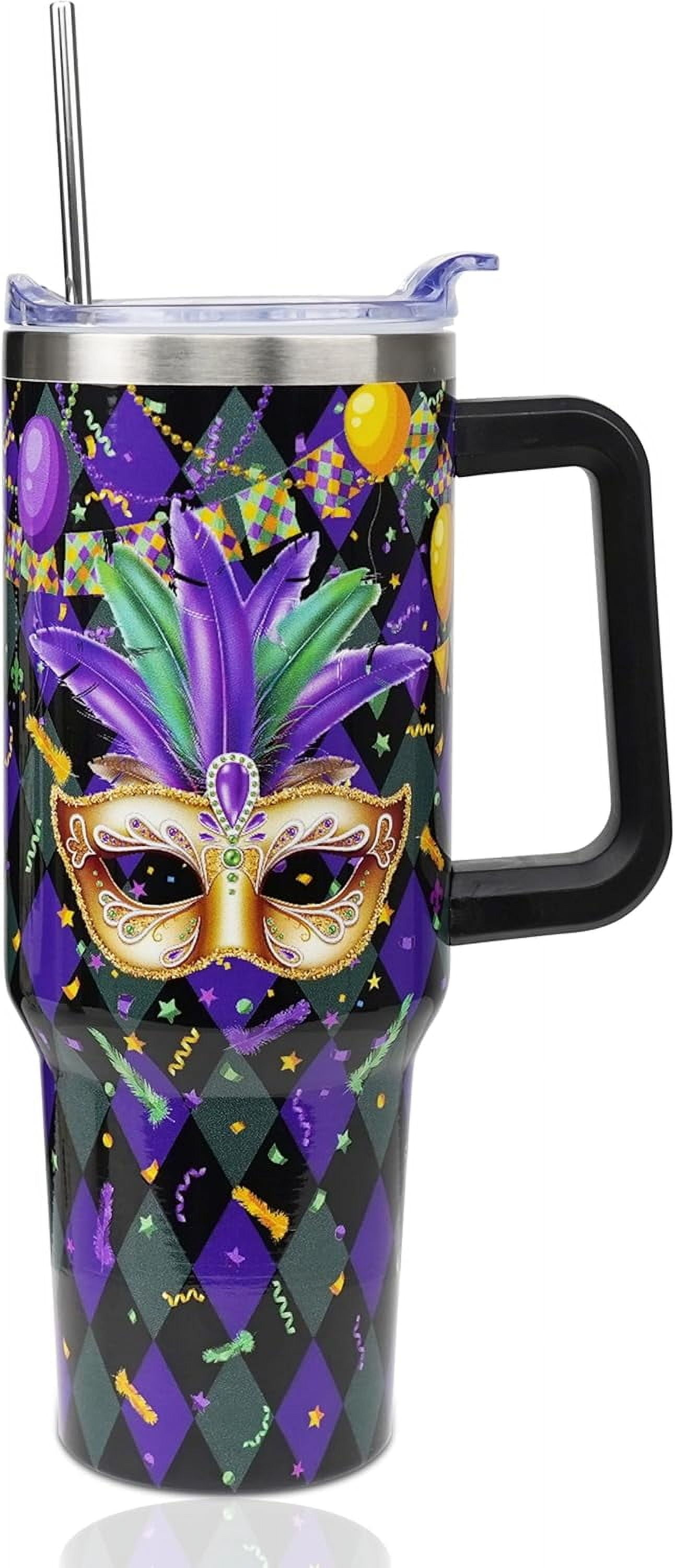 40 oz Mardi Gras Tumbler with Handle and Straw, Stainless Steel ...