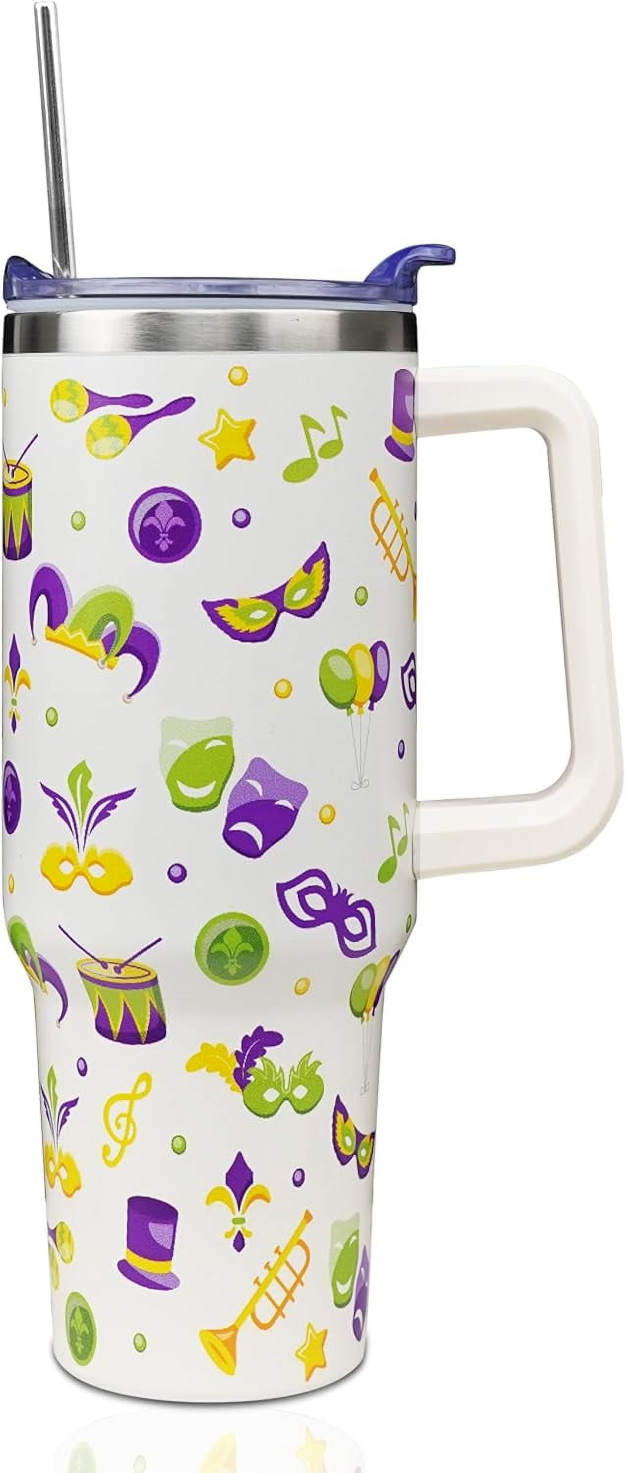 40 oz Mardi Gras Tumbler with Handle and Straw, Stainless Steel ...