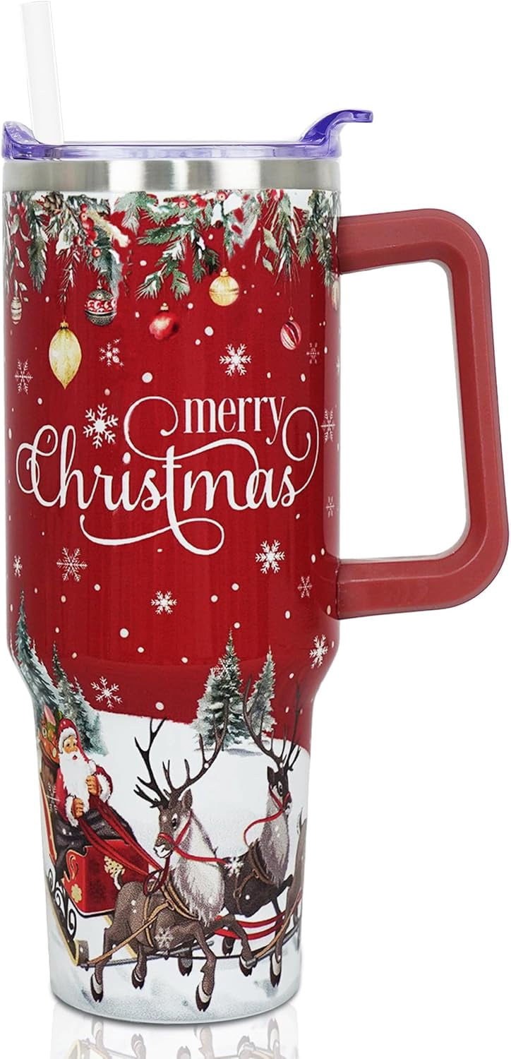 40 oz Merry Christmas Tumbler with Handle and Straw, Stainless Steel ...