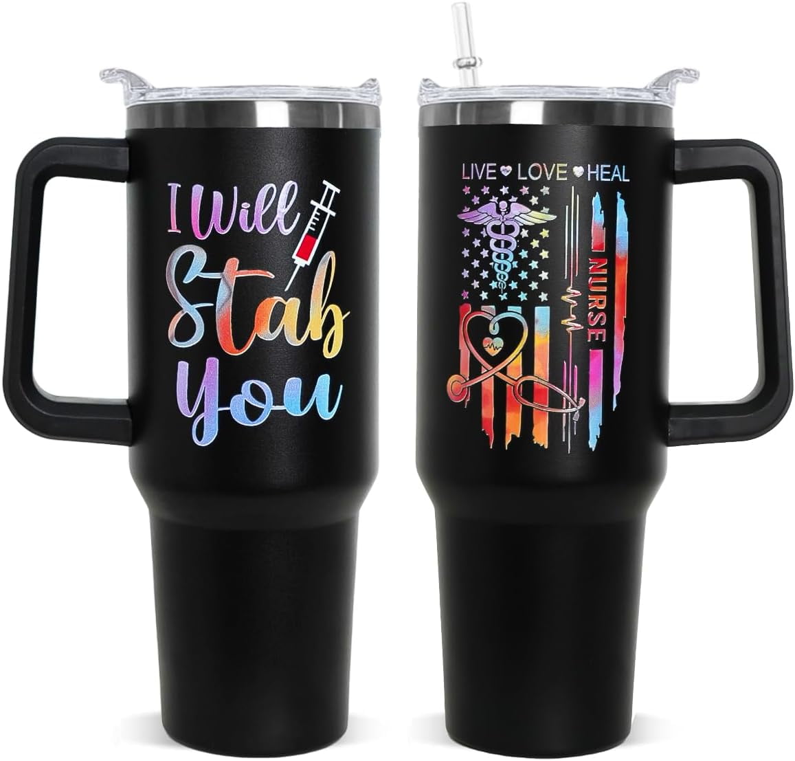 40 oz Nurse Tumbler with Handle and Straw - Insulated Coffee Mug for ...
