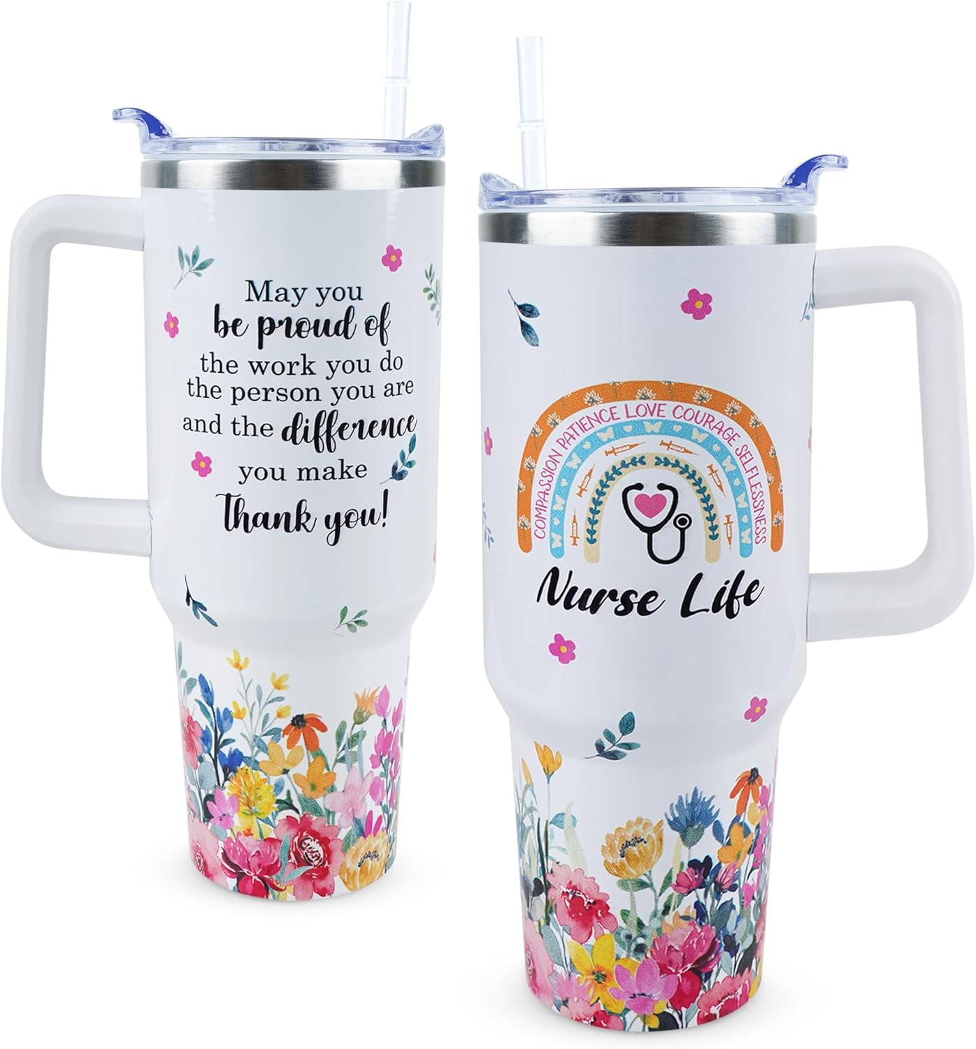 40 oz Nurse Tumbler with Handle and Straw Lid Leak Proof Coffee Cups ...