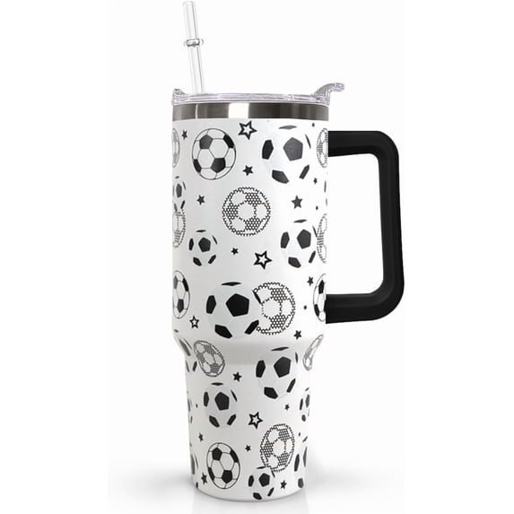 40 oz Soccer Coffee Mug Cup Vacuum Insulated Travel Tumbler with Handle ...