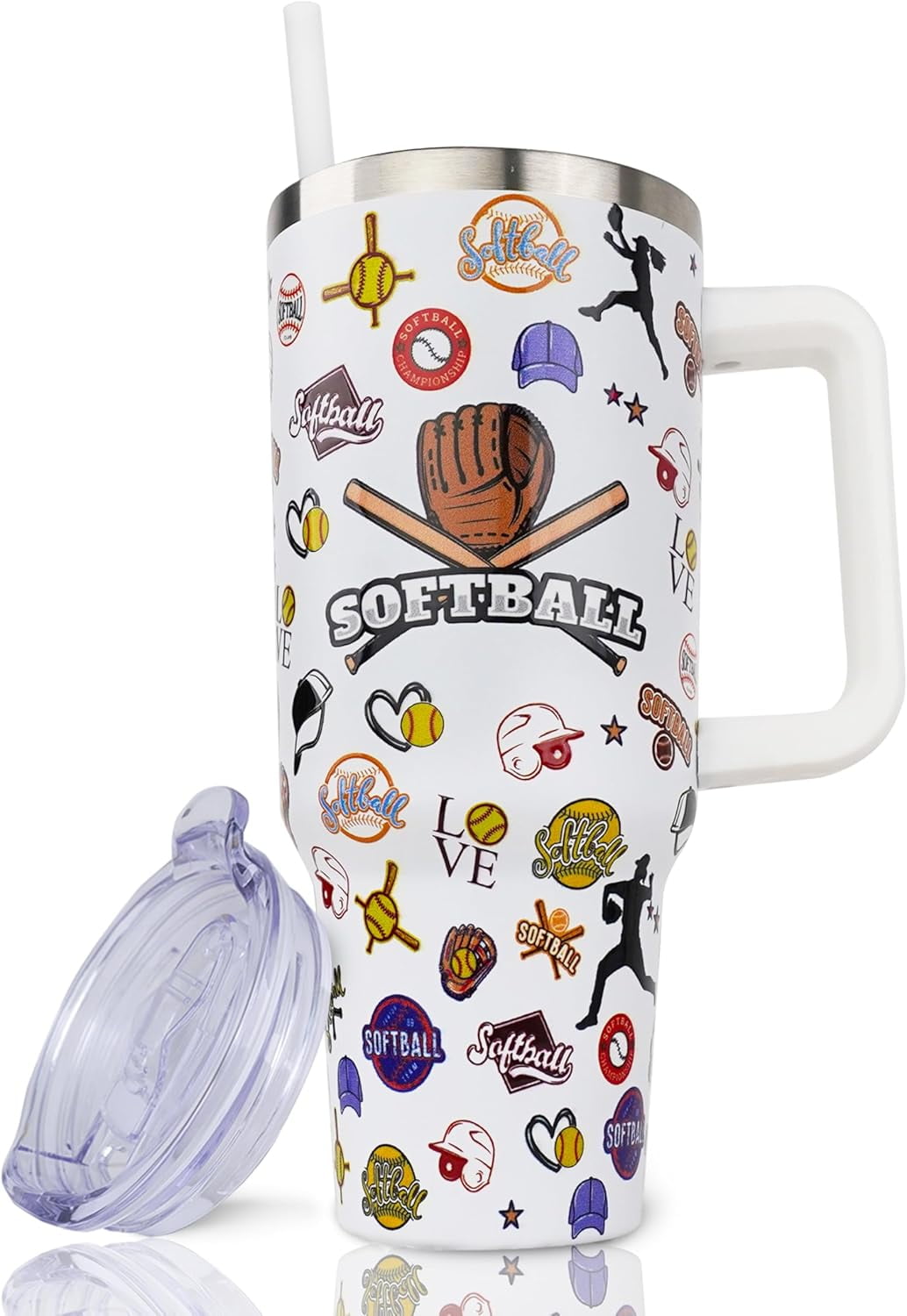 40 oz Softball Tumbler with Handle and Straw, Stainless Steel Insulated ...
