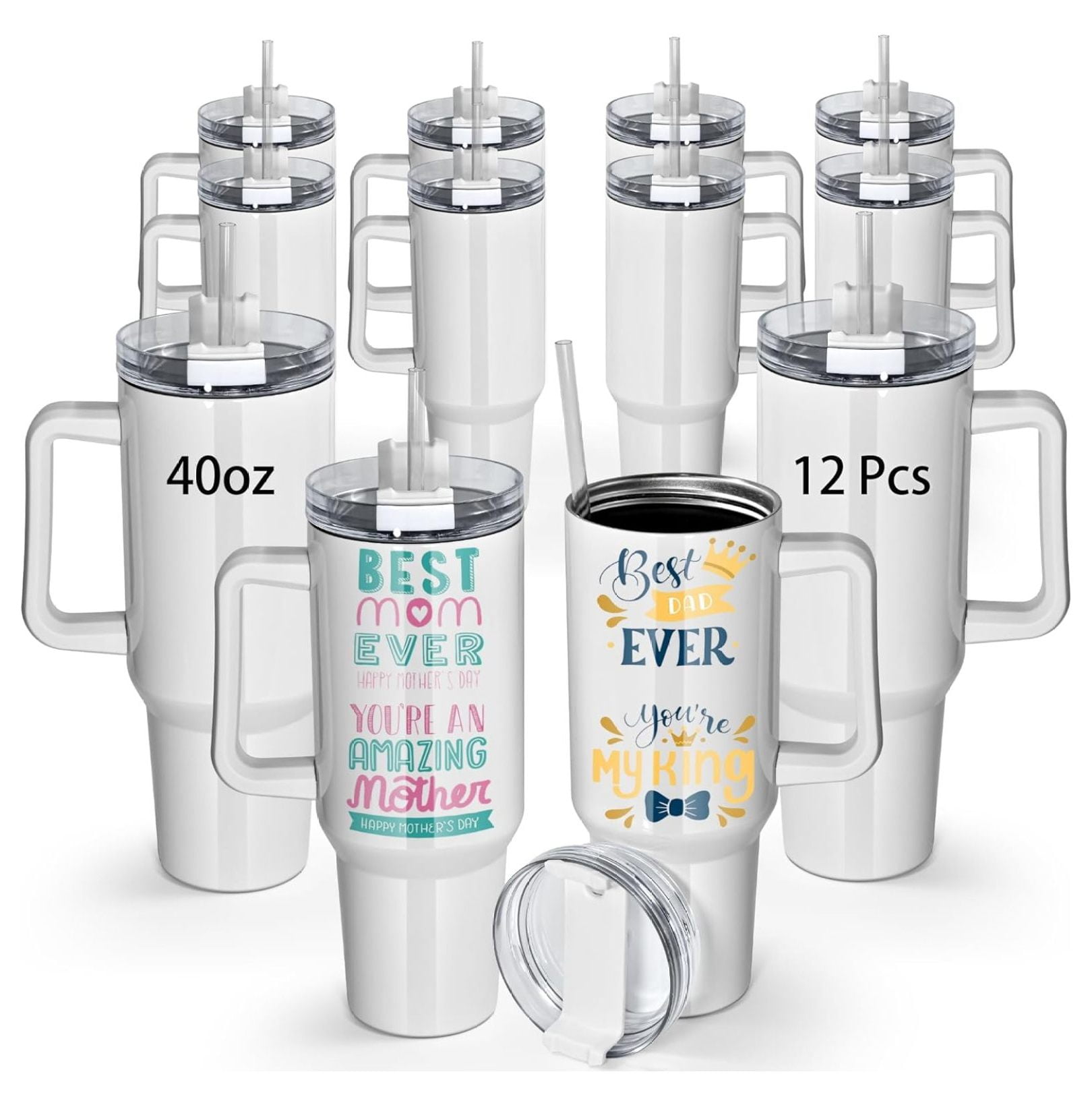 40 oz Sublimation with White Handle Lid and Straw 12 Pack Stainless ...