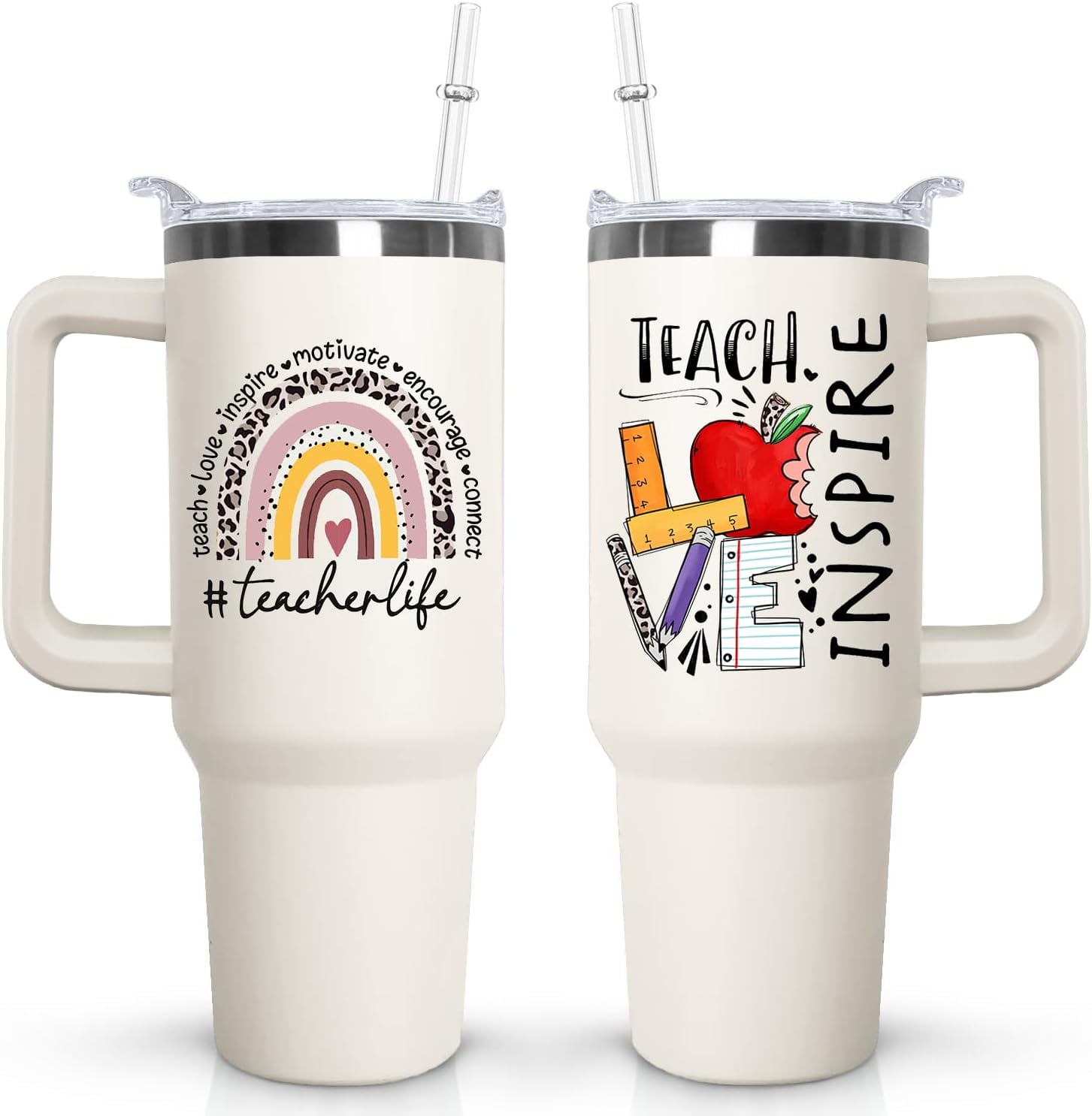 40 Oz Teacher Tumbler With Handle Lid And Straw Best Teacher Ever Vacuum Insulated Travel