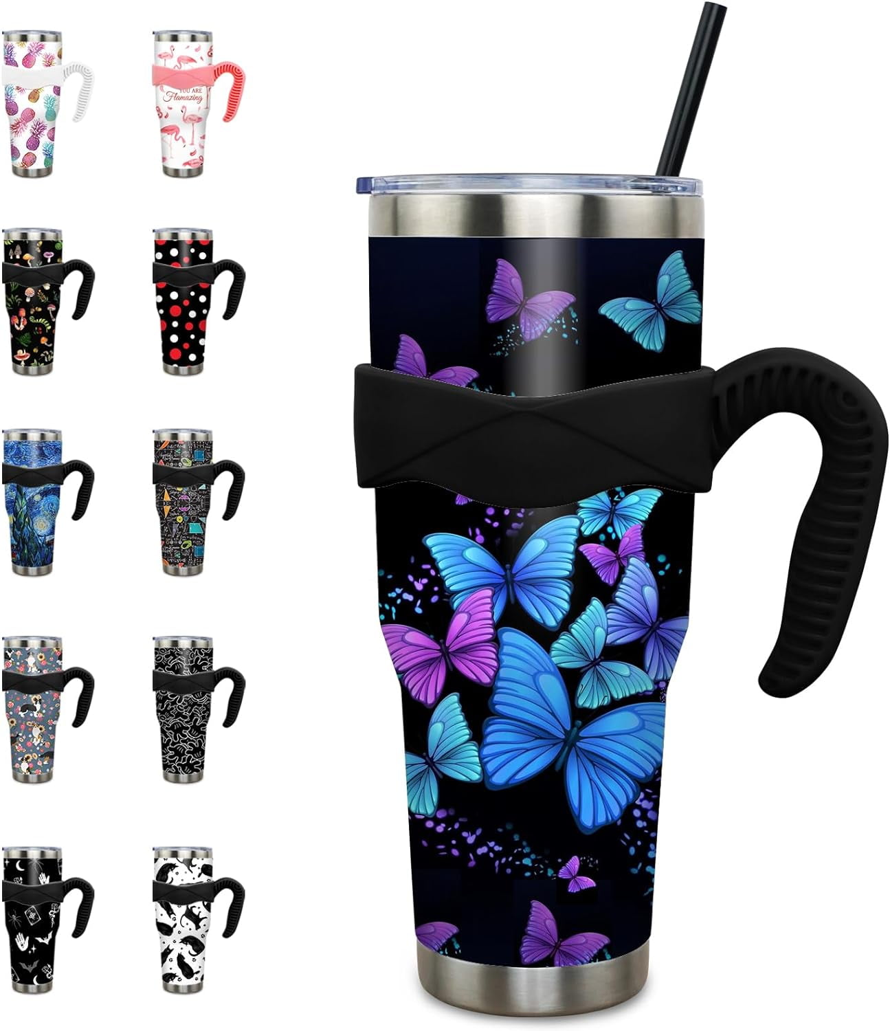 40 oz Tumbler with Handle and Straw 40oz Blue Purple Butterfly Cup ...
