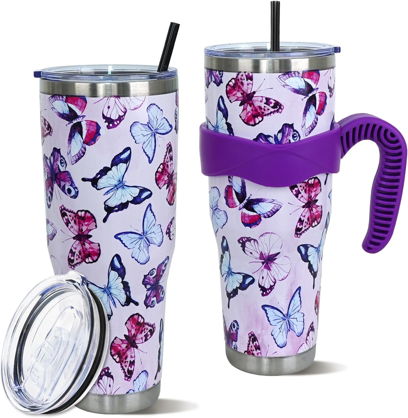 40 oz Tumbler with Handle and Straw Butterfly Insulated Stainless Steel ...