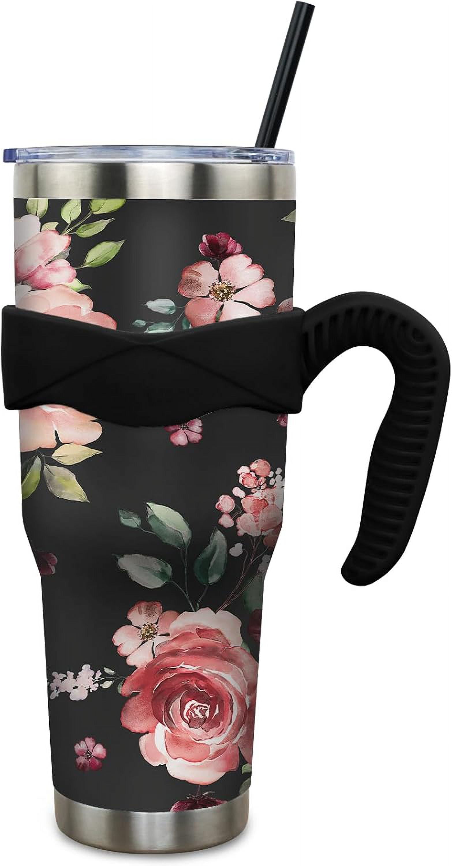 40 oz Tumbler with Handle and Straw Flower Decor Insulated Stainless Steel Coffee Travel Mug ...