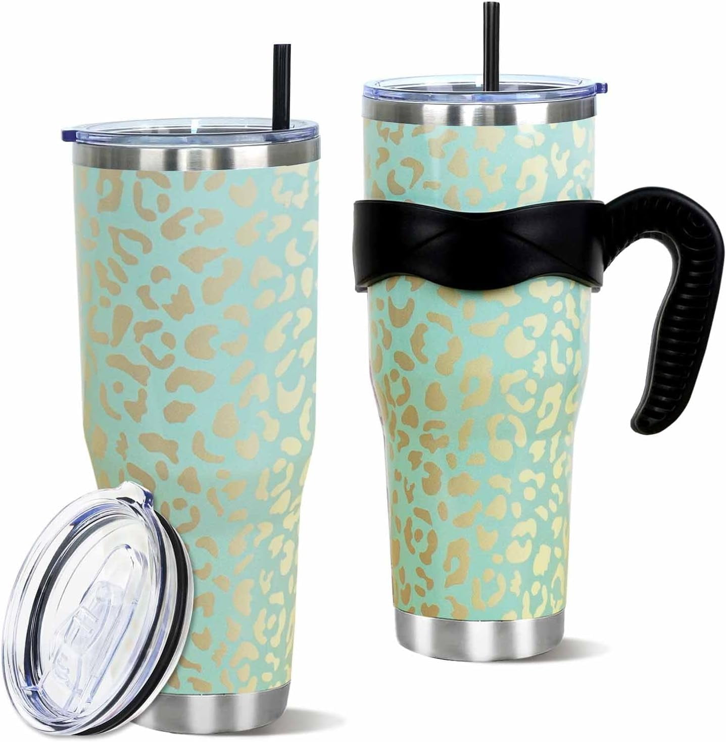 40 oz Tumbler with Handle and Straw Leopard Insulated Stainless Steel ...