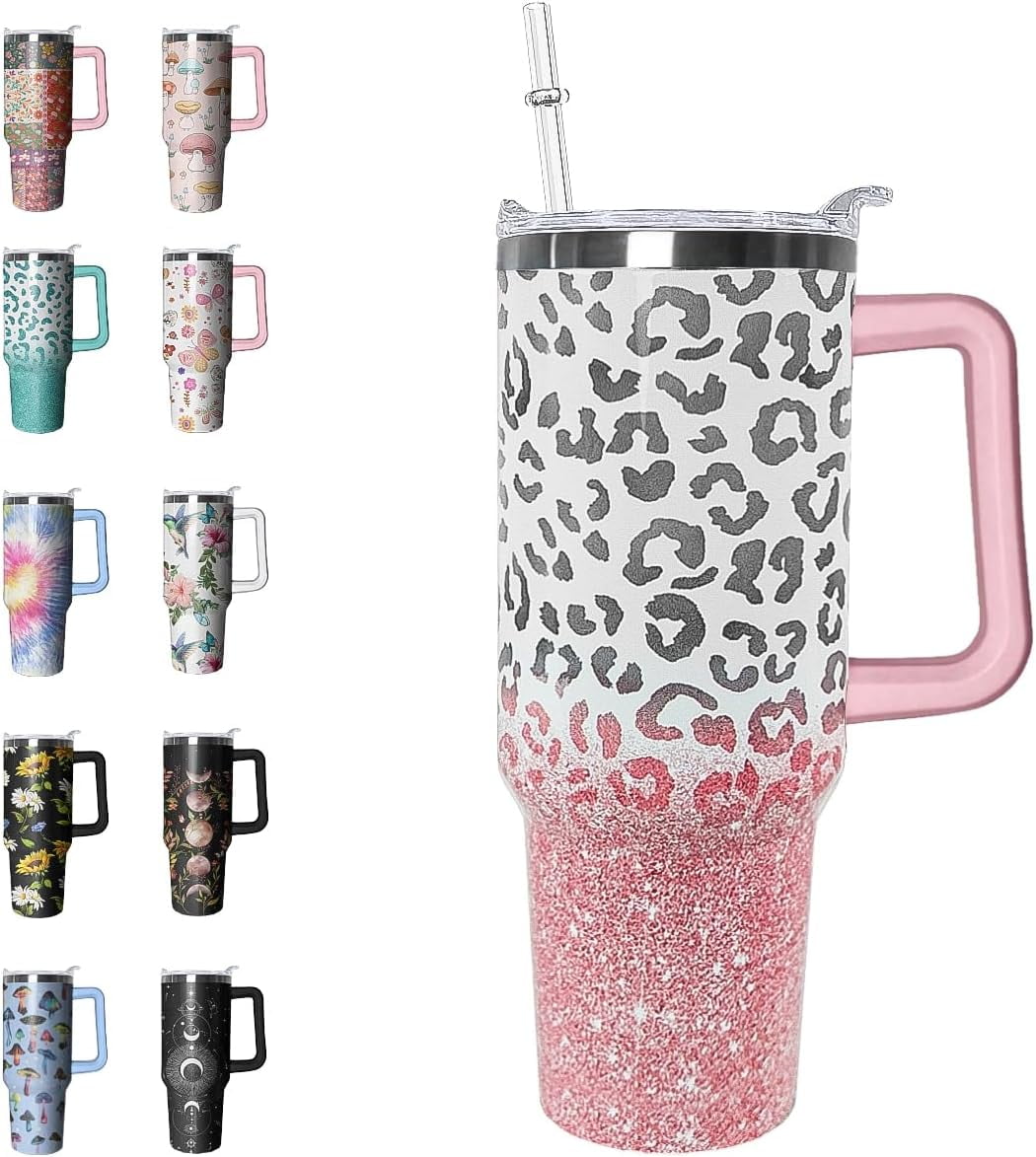 40 oz Tumbler with Handle and Straw Leopard Tumbler Leak Proof ...