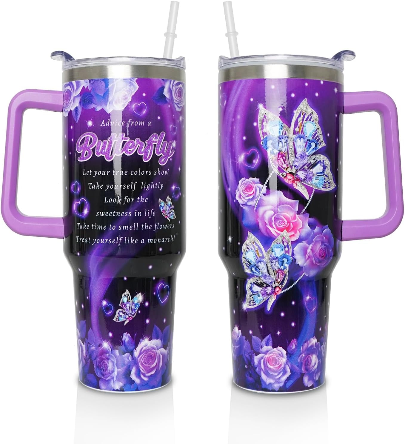 40 oz Tumbler with Handle and Straw Lid, Purple Butterfly Insulated Cup ...