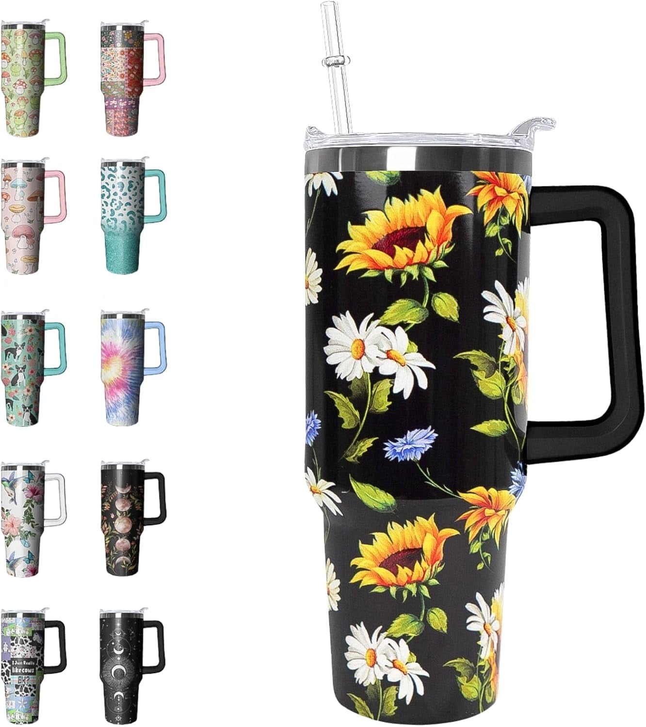 40 oz Tumbler with Handle and Straw Sunflower Tumbler Leak Proof ...