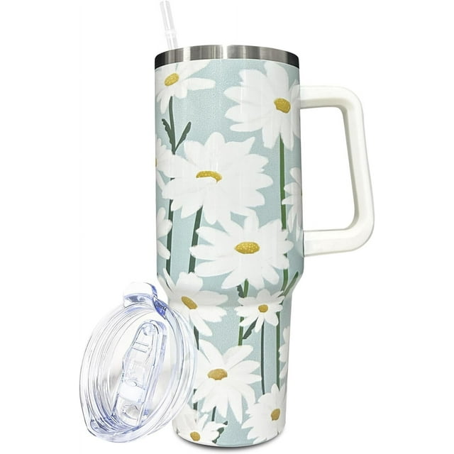 40 oz Tumbler With handle and straw, daisy Stainless Steel Cup Extra ...