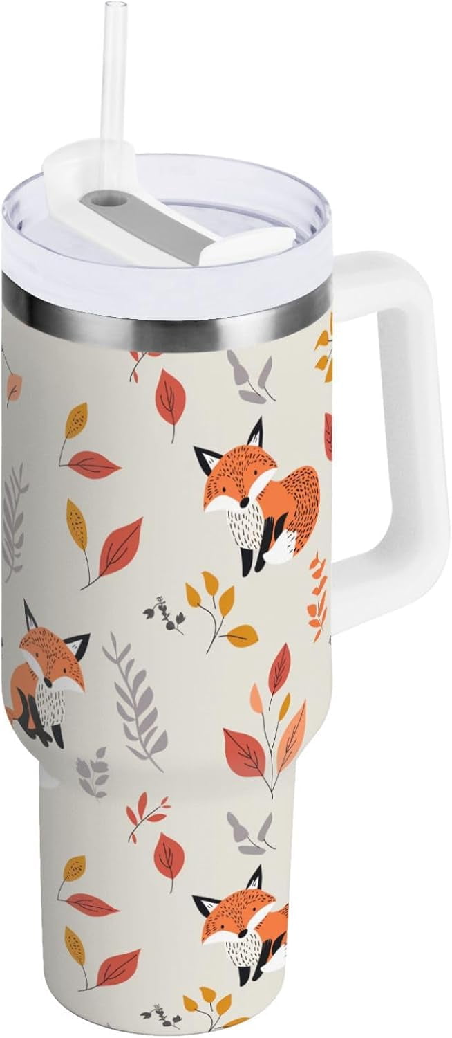 40 oz Tumbler with Handle Cute Fox Leaves Insulated Water Bottle with ...