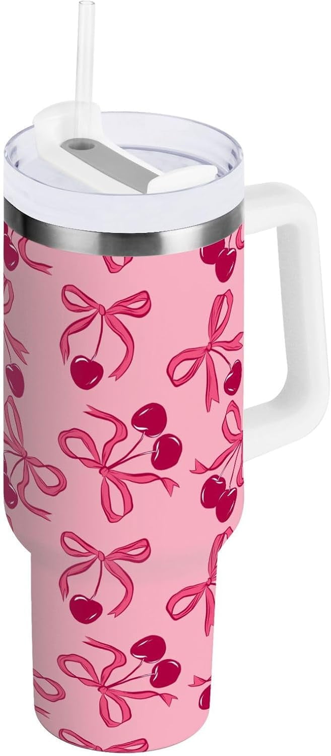 40 oz Tumbler with Handle Pink Bow Cherry Water Bottle with Lid and ...