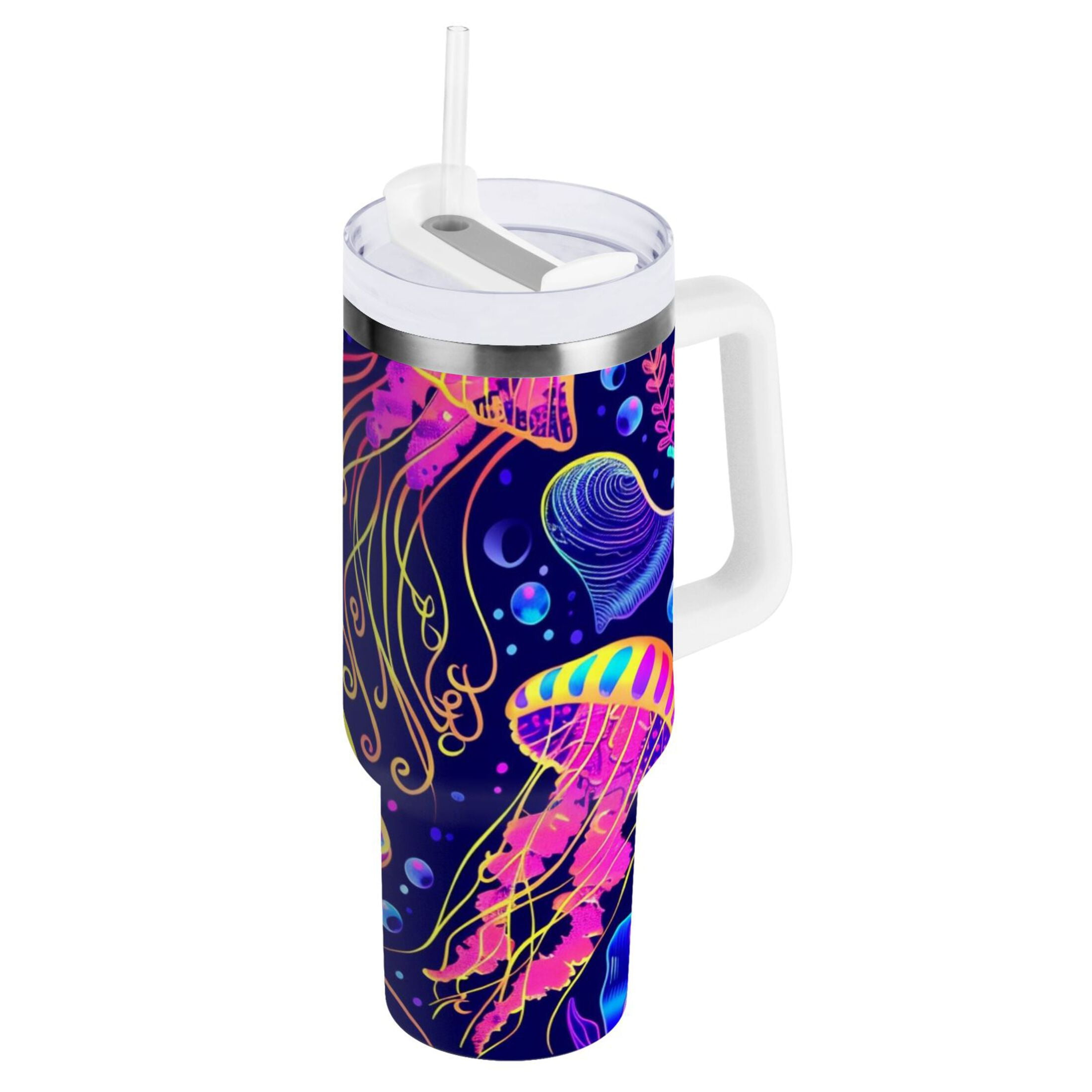 40 oz Tumbler with Handle and Straw Lid Jellyfish Seashells Seaweed ...