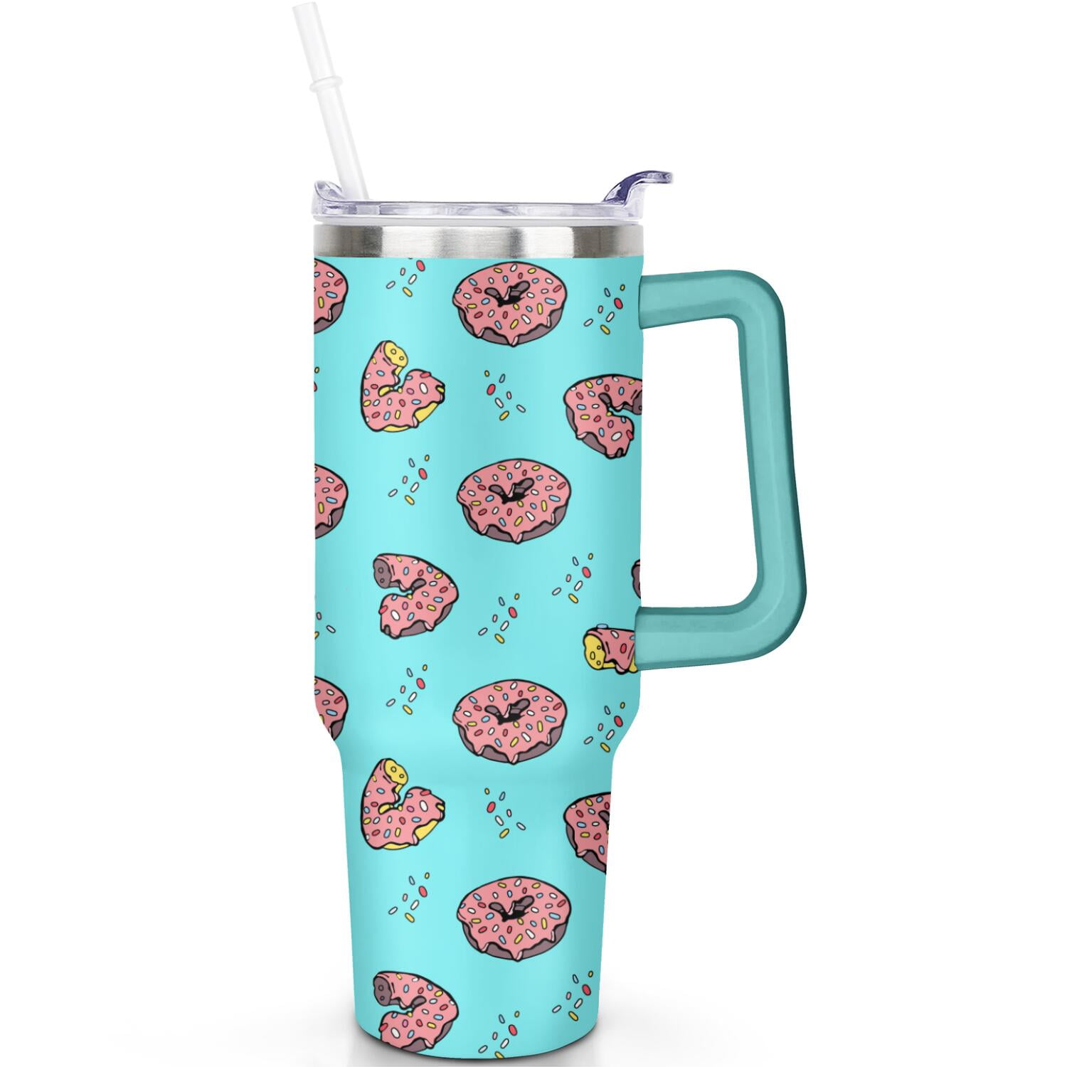 40 oz Vacuum Insulated Leak Proof Donuts Tumbler Handle Flip Straw Lid ...