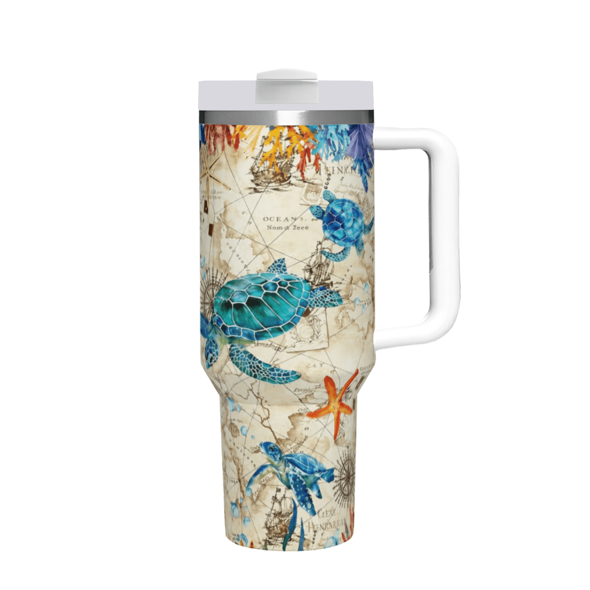 40 oz Vintage Nautical Sea Turtle & Map Print Tumbler with Handle ...