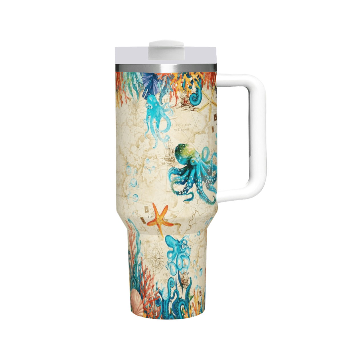 40 oz Vintage Octopus & Nautical Map Print Tumbler with Handle & Straw ...