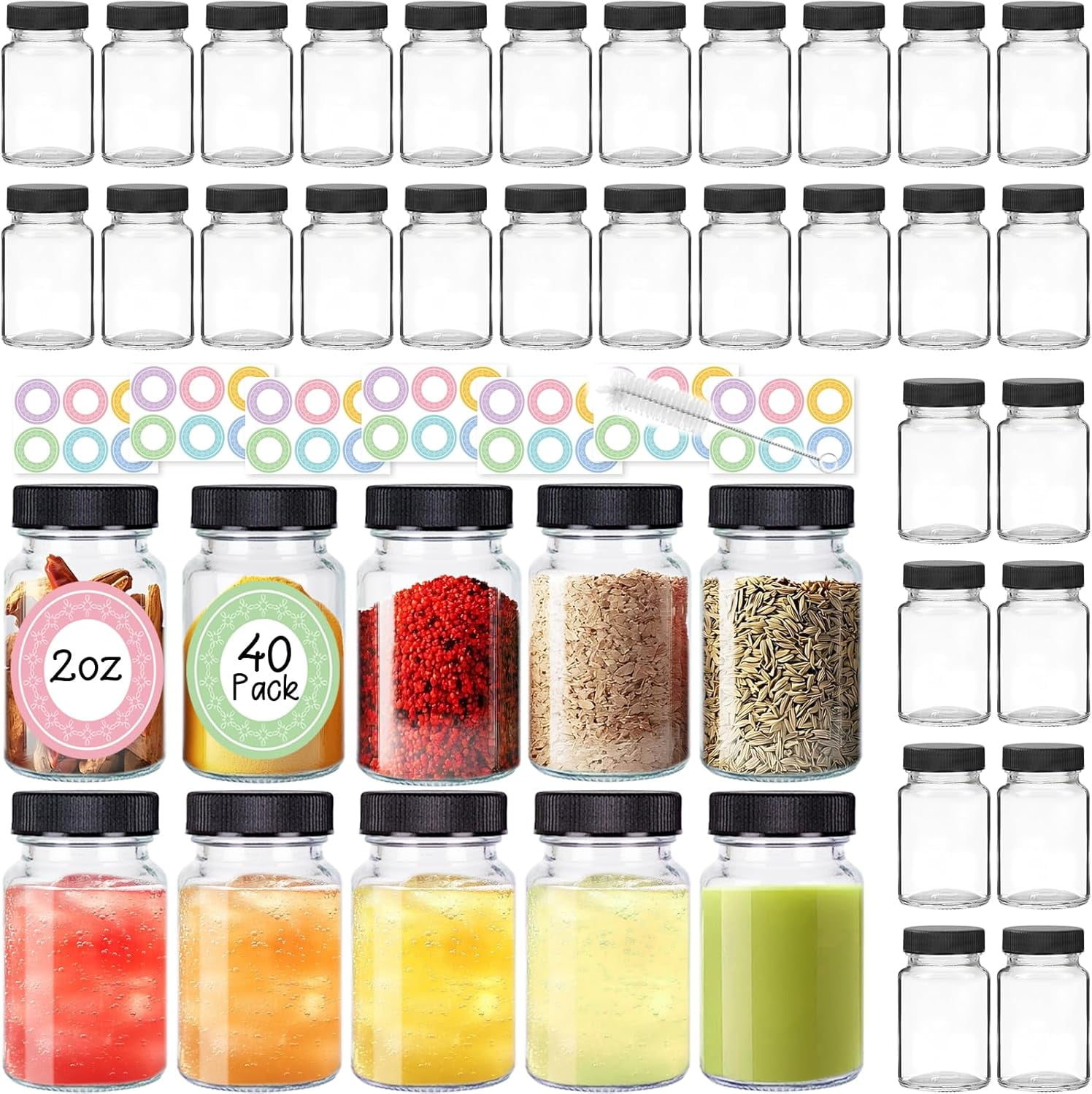 40 pack 2 oz glass shot bottles with caps, juice shot glasses with lids ...
