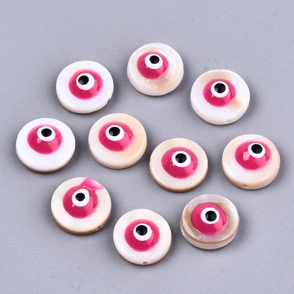 40 pc Natural Freshwater Shell Beads with Enamel Flat Round with Evil ...