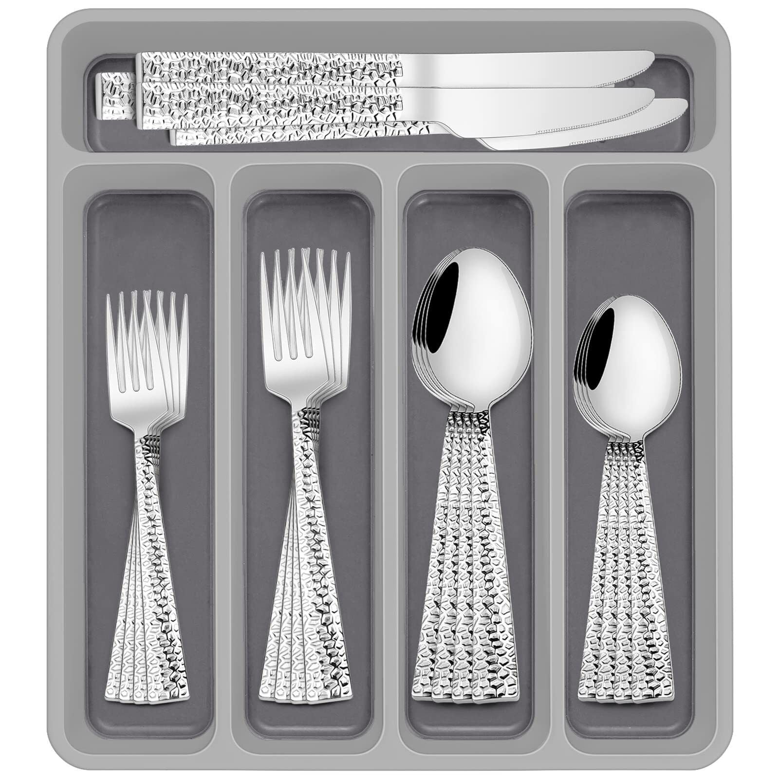 40 piece Hammered Silverware Set With Organizer Stainless Steel Square ...
