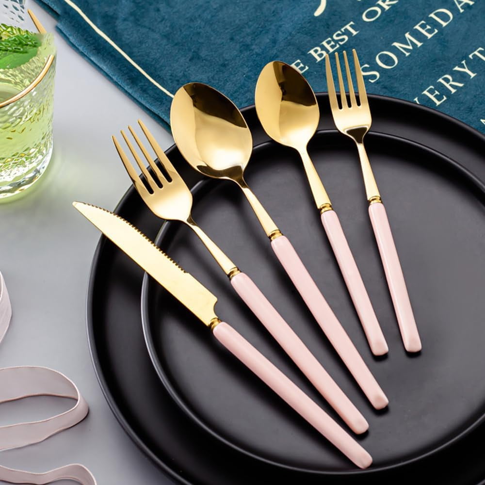 40-piece Silverware Set With Pink Ceramic Handle,Stainless Steel ...