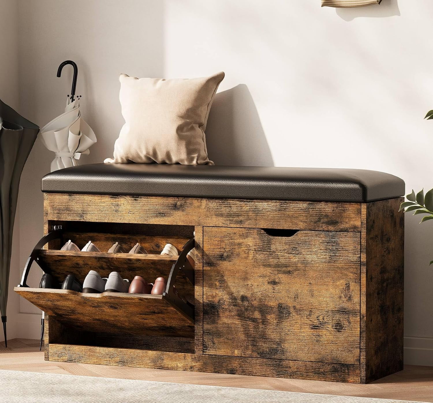 40" shoe storage bench with 2 flip drawers & padded seat cushion, shoe ...