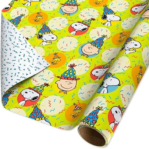 40 sq. ft. Reversible Peanuts Wrapping Paper for Birthday (1 Roll, 30 ...