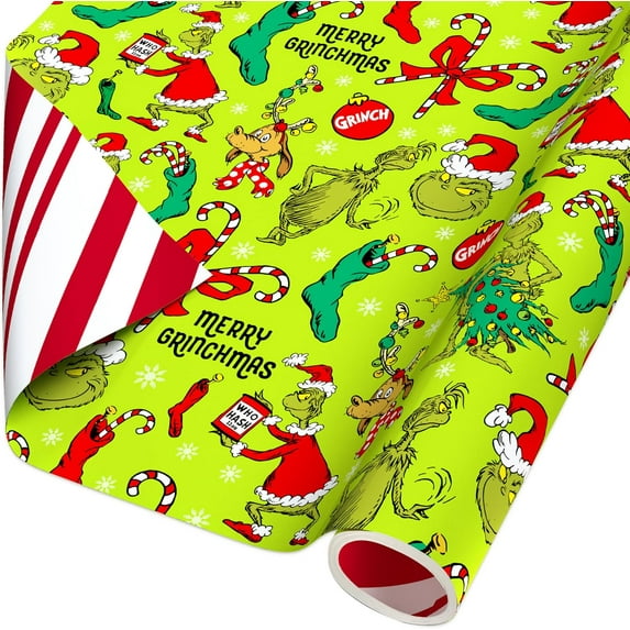 40 sq. ft. Reversible The Grinch Wrapping Paper for Christmas, Stripes ...