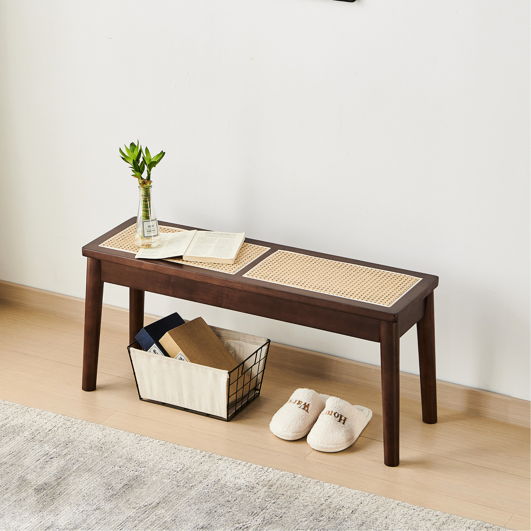 40 x 12 inch walnut color solid rubber wood bench with hand woven cane ...