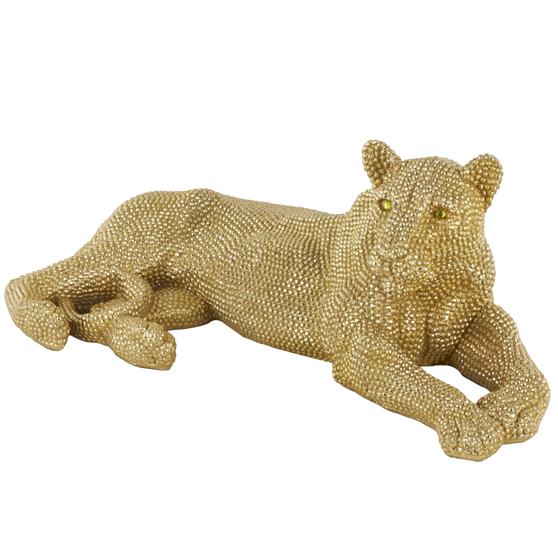 40" x 15" Gold Resin Laying Floor Leopard Sculpture with Carved Faceted ...