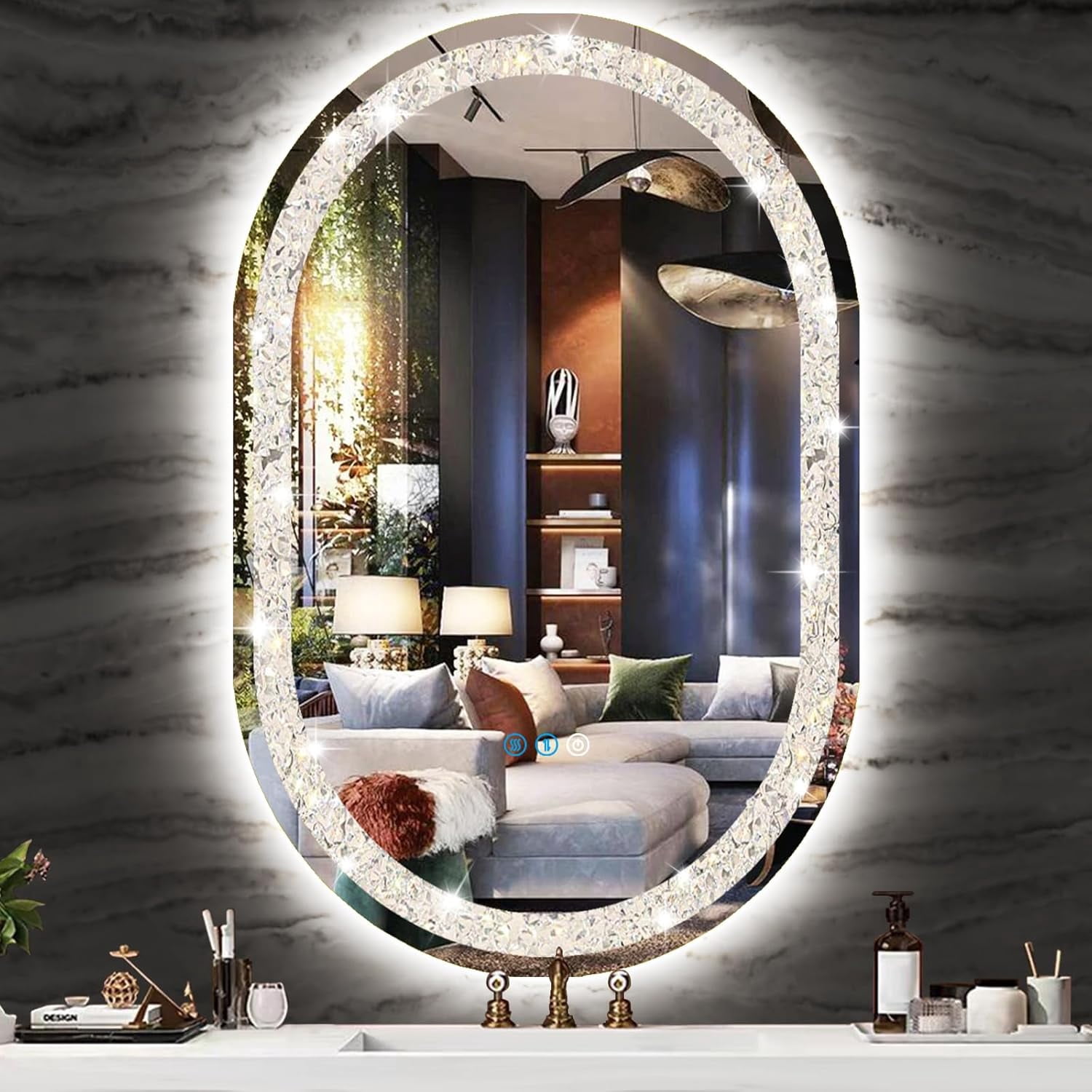 40 x 20 Inch Crystal Oval Vanity Mirror with Lights 3 Color Memory ...