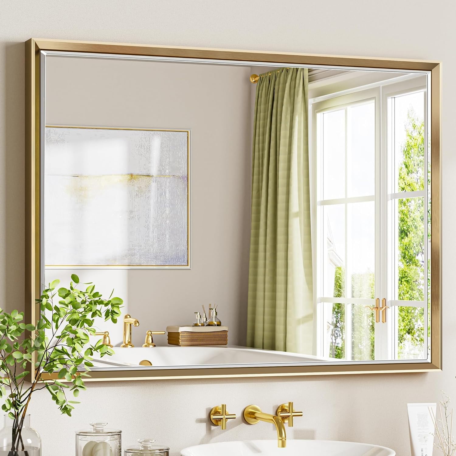 40 x 30 Gold Bathroom Mirror, Brushed Gold Beveled Bathroom Mirror ...