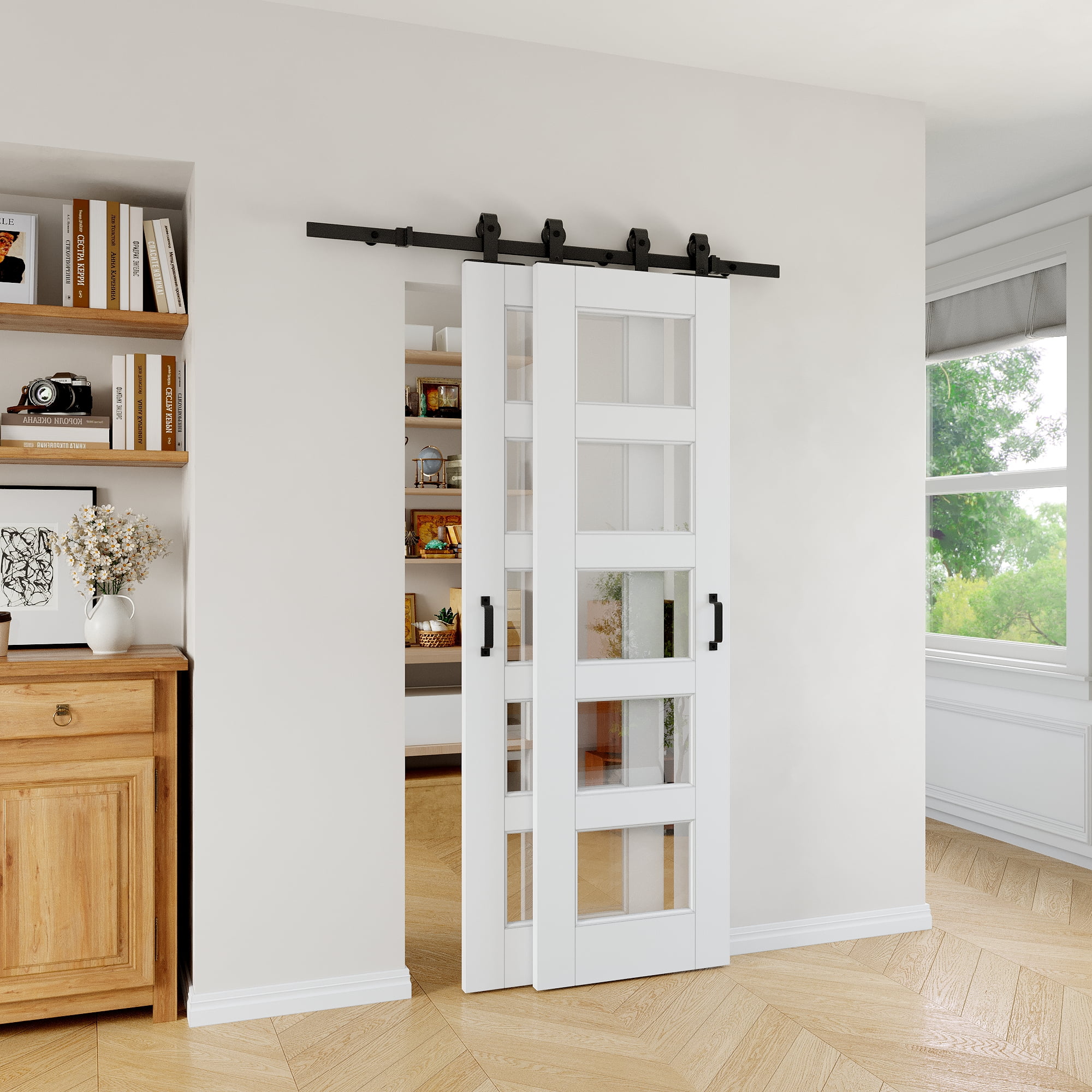 40" x 80" 5-Panel White Primed Clear Glass Solid Core Sliding Bypass ...