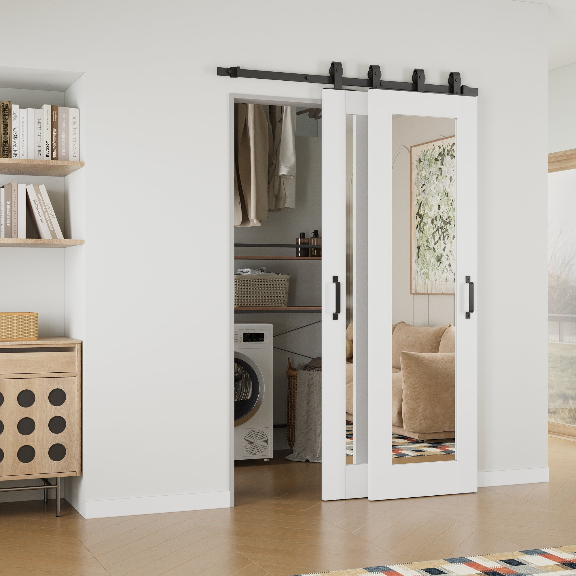 40" x 96" 1-Lite Mirror White Primed Solid Core Sliding Bypass Barn ...