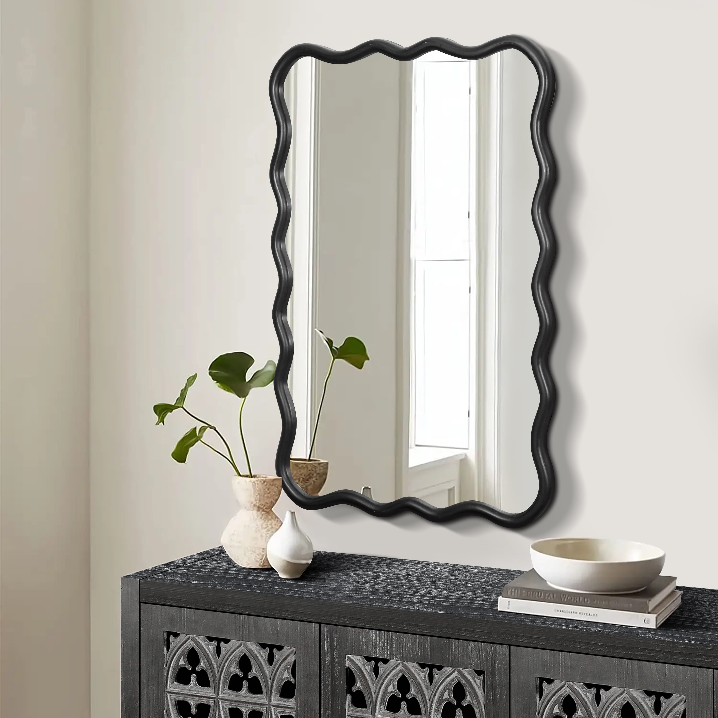 40"x28" Rectangle Wall Mirror,Solid Wood Wavy,Natural Wood & White ...