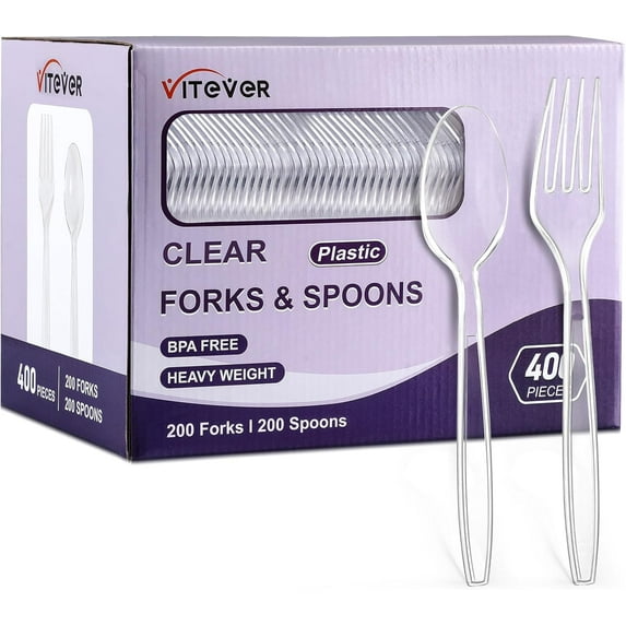 [400 Count] Clear Plastic Forks and Spoons Set Bulk - Heavy Duty ...