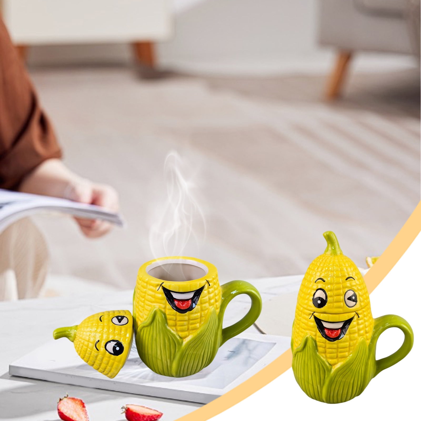400 ML Cartoons Ceramic Corn Shape Coffee Mug with Handle and Lid For ...